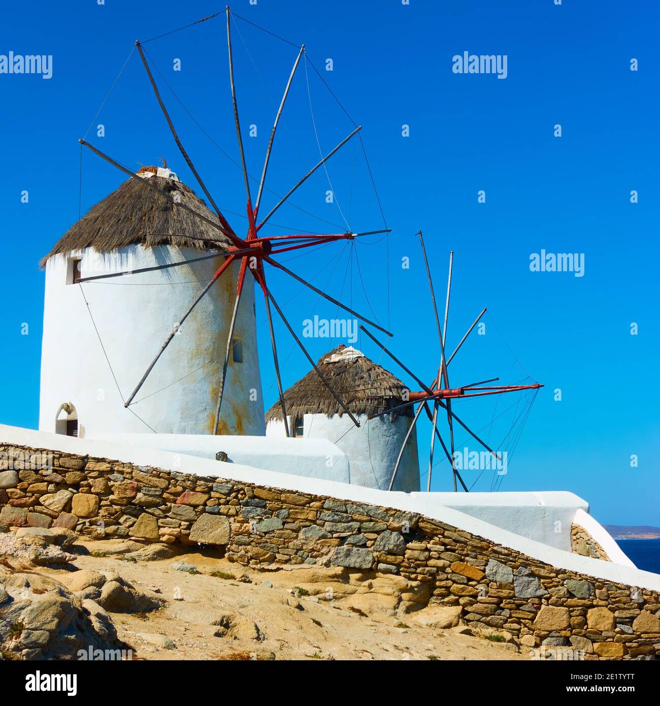 Windmills by the sea. Landmark of Mykonos island in Greece. Greek rural ...
