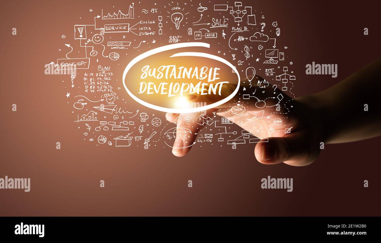 Hand touching SUSTAINABLE DEVELOPMENT inscription, hand drawn icons ...