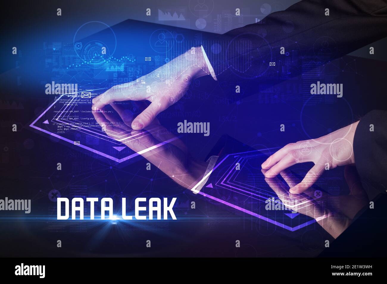 Hand touching digital table with DATA LEAK inscription, new age ...