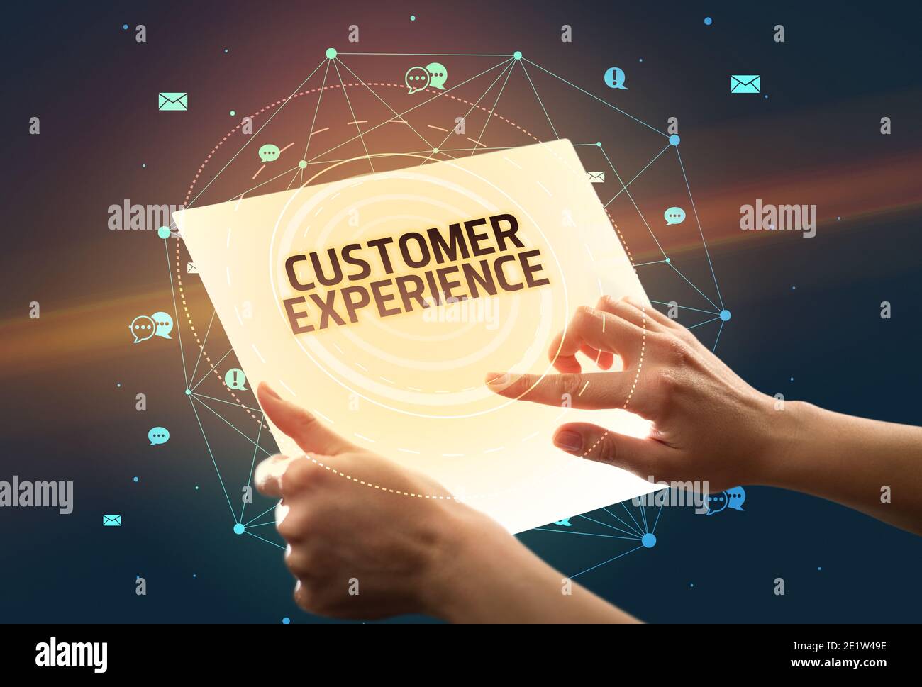 Holding futuristic tablet with CUSTOMER EXPERIENCE inscription, social ...