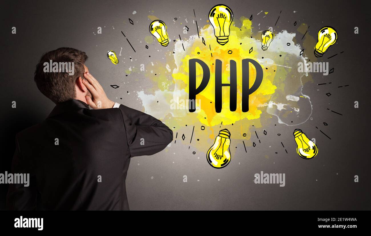 businessman drawing colorful light bulb with PHP abbreviation, new ...