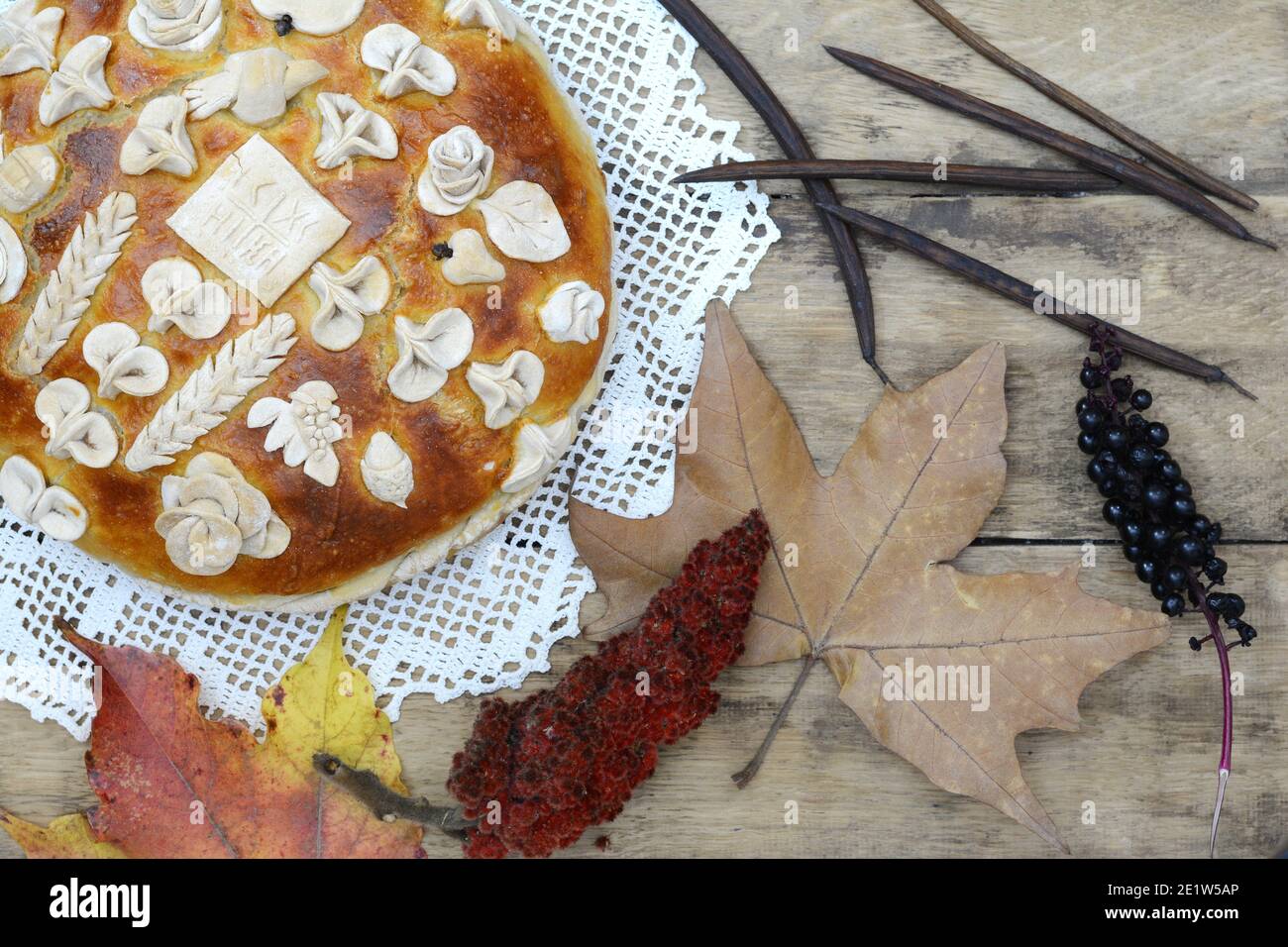 Homemade decorated Serbian slava bread on the rustic wooden board Stock ...