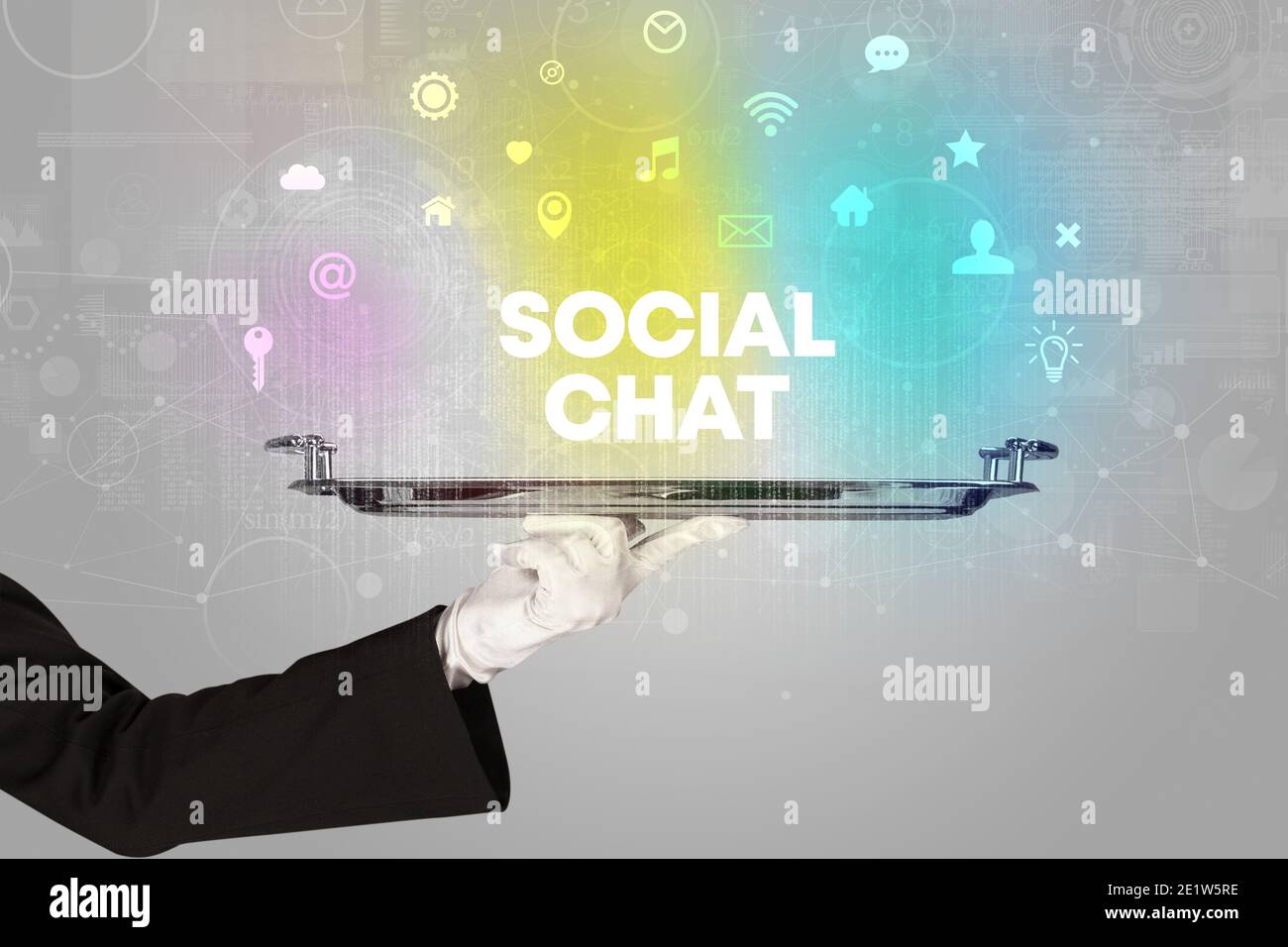 Waiter serving social networking with SOCIAL CHAT inscription, new ...