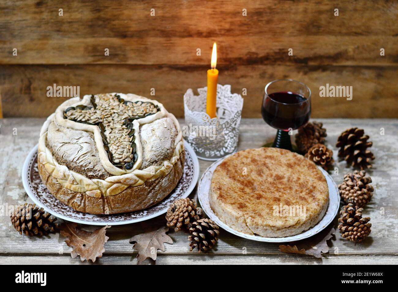 Homemade decorated Serbian slava bread with red wine Stock Photo - Alamy