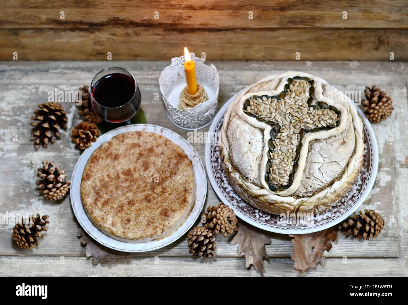 Homemade decorated Serbian slava bread with red wine Stock Photo - Alamy