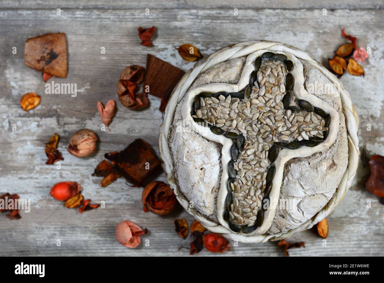 Homemade decorated Serbian slava bread on the rustic wooden board Stock ...