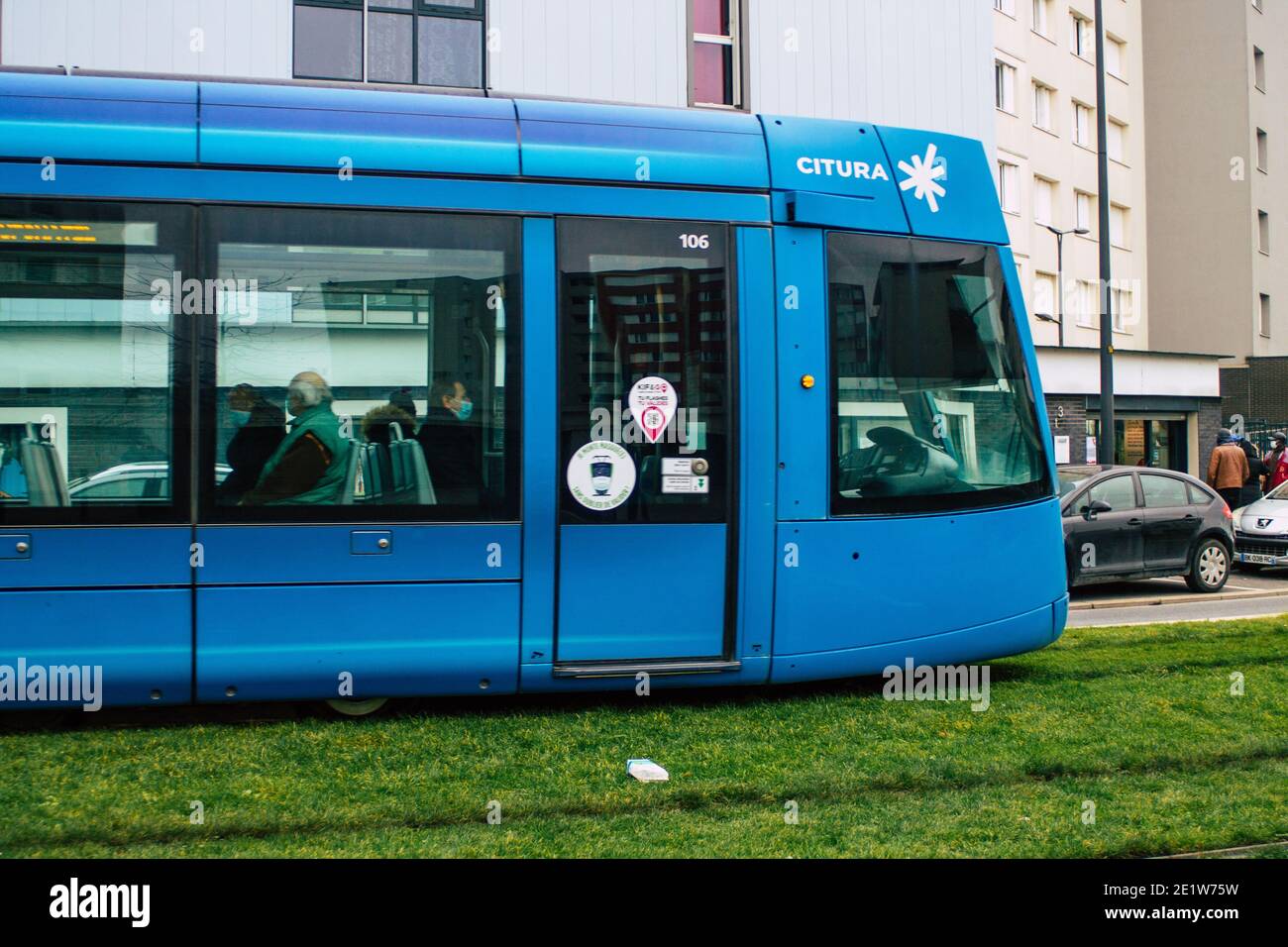 Reims France January 09, 2021 View of a modern electric tram for ...