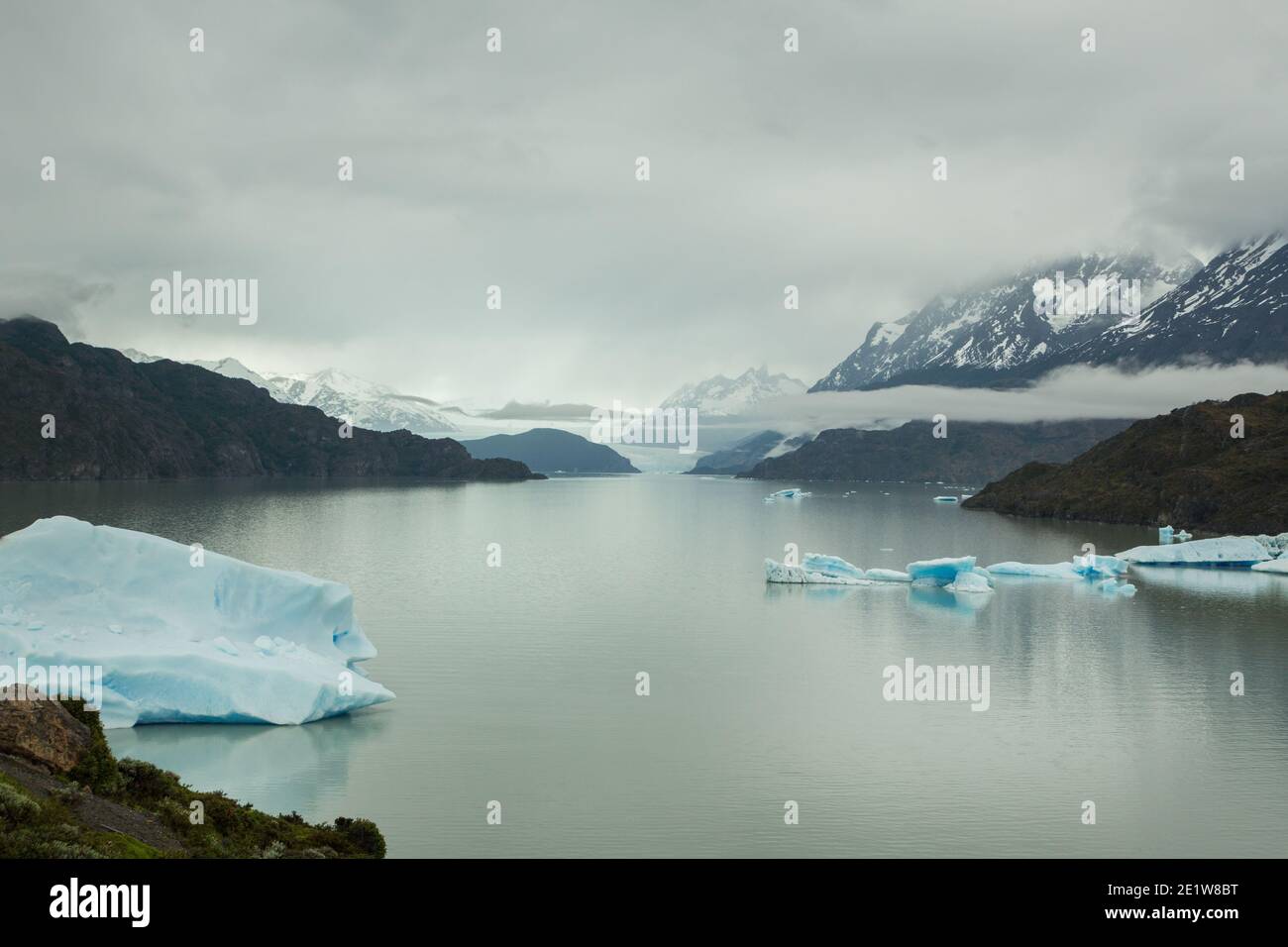 Icebergs calved from Glacier Grey float in the waters of Lago Grey ...