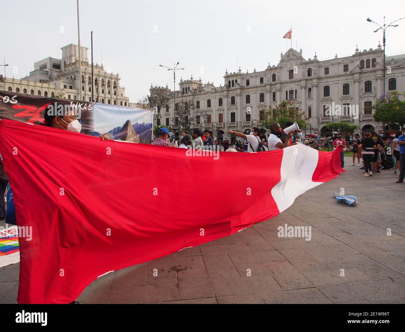 People carrying a Peruvian flag when hundreds of activists and victims ...