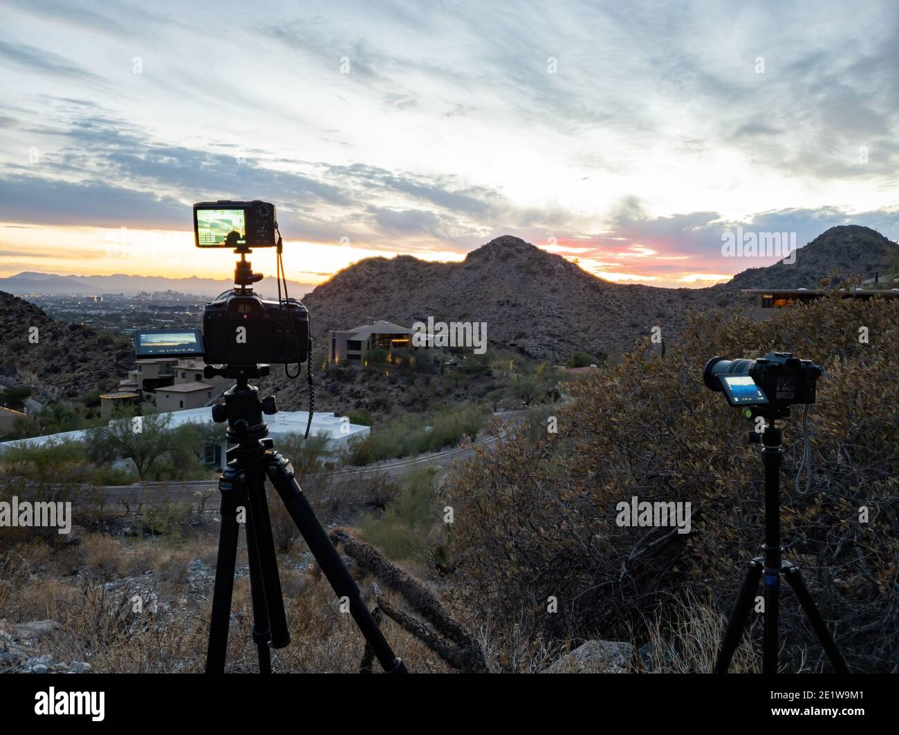 Two camera takign picture of the sunset cityscape saw from the Phoenix ...