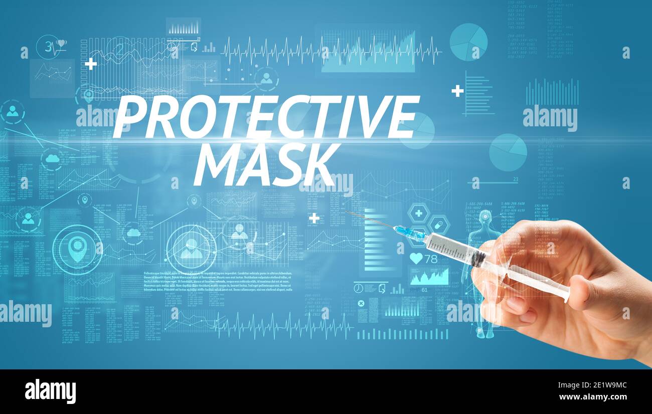 Syringe needle with virus vaccine and PROTECTIVE MASK inscription, antidote concept Stock Photo ...