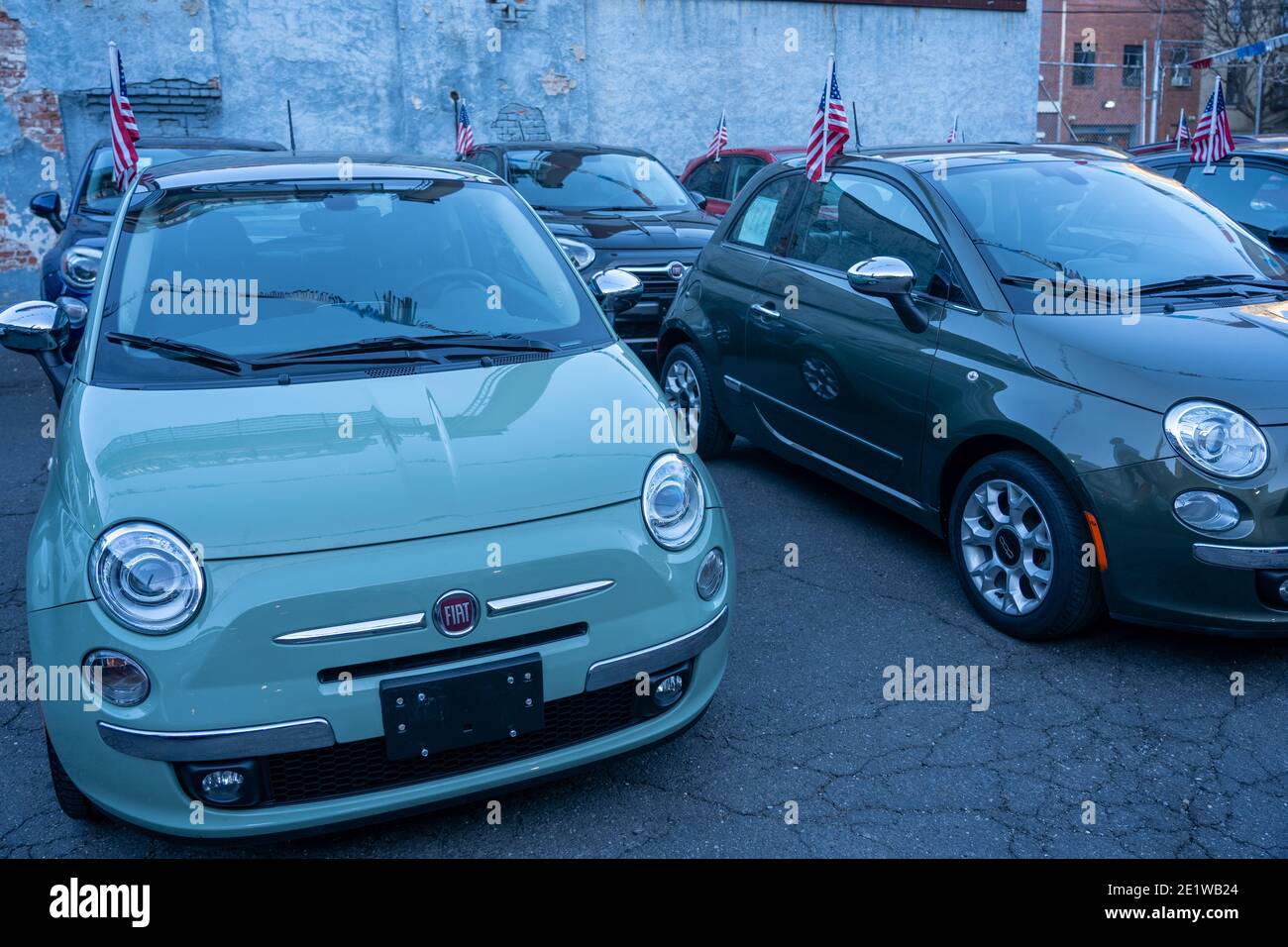 NEW YORK, NY – JANUARY 07, 2021: Fiat 500 automobiles sit inside a ...