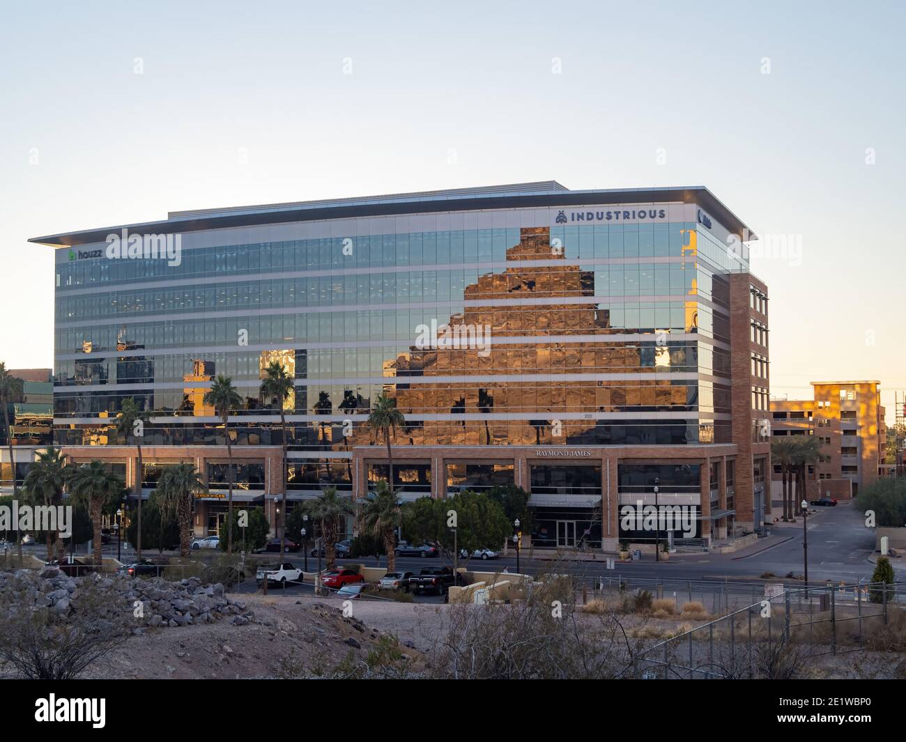 Tempe, JAN 1, 2021 - Beautiful reflection on a modern glass building ...