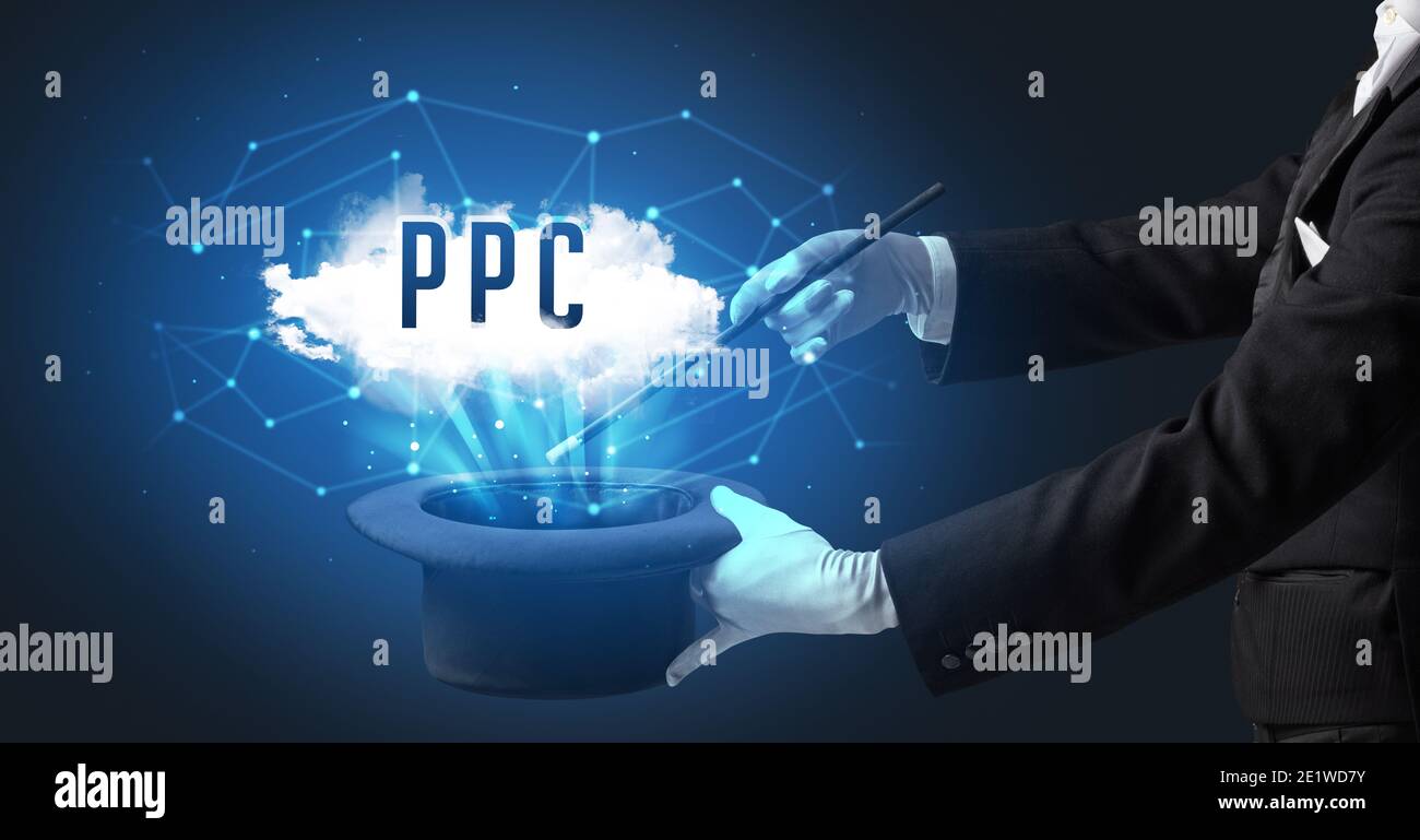 Magician is showing magic trick with PPC abbreviation, modern tech ...