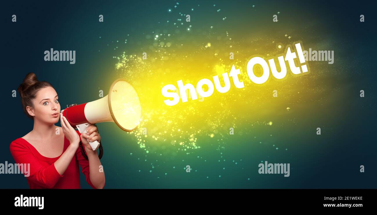 Young woman yelling to loudspeaker with Shout Out! inscription, modern ...