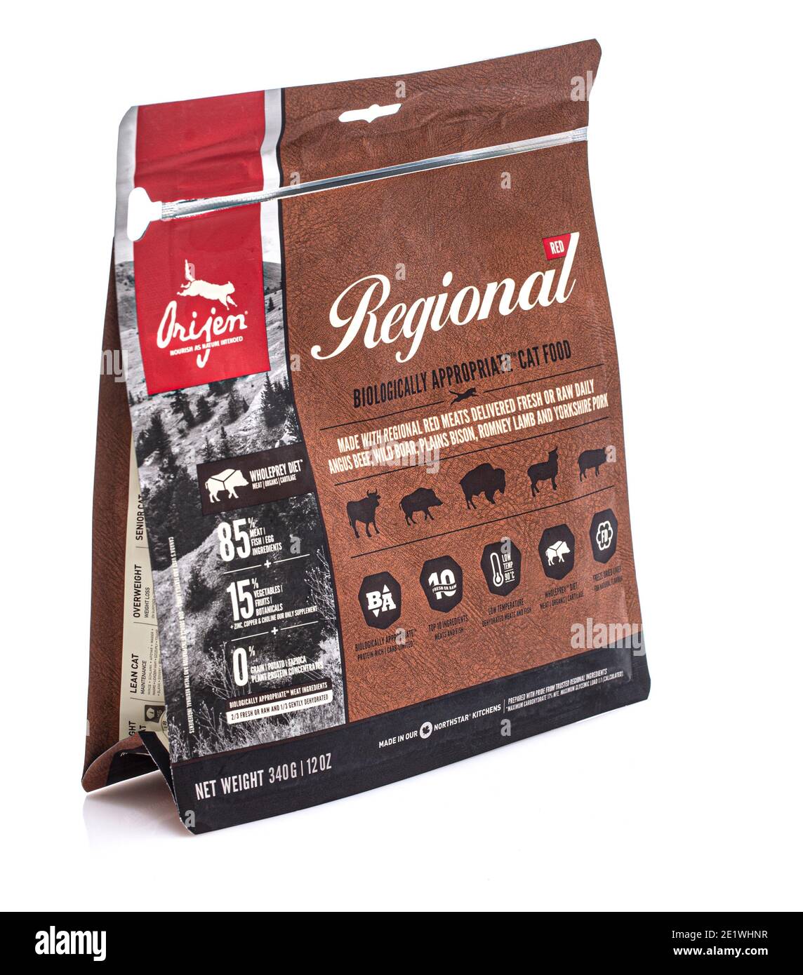 SWINDON, UK - JANUARY 10, 2021: Packet of Orijen regional cat food on a ...