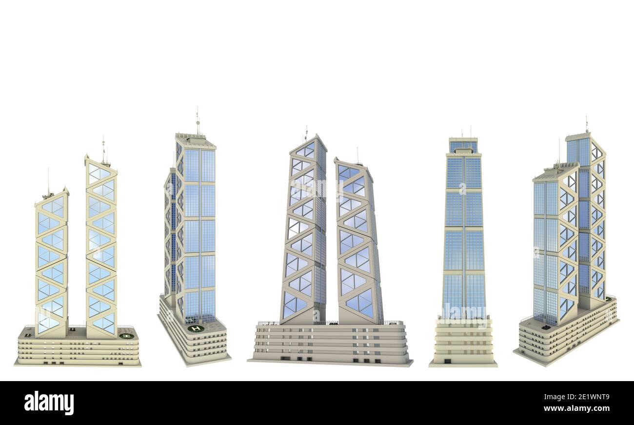 5 side view renders of fictional design abstract tall buildings with ...