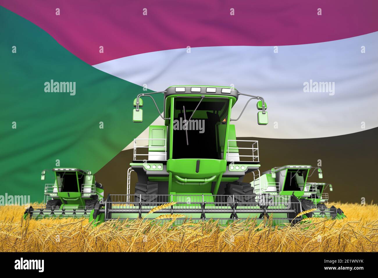 four light green combine harvesters on rye field with flag background ...