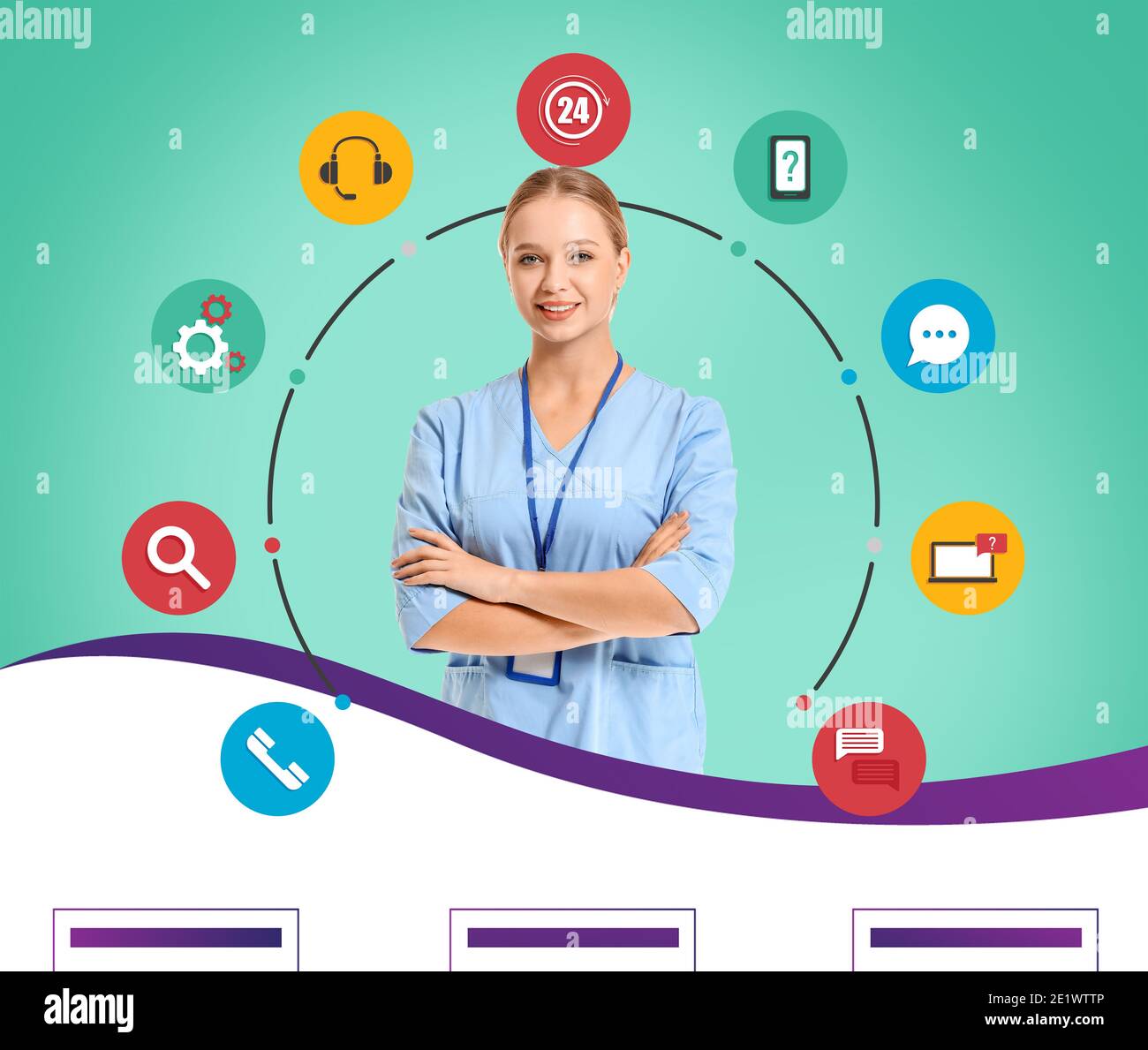 Portrait of female receptionist and virtual screen with digital icons ...