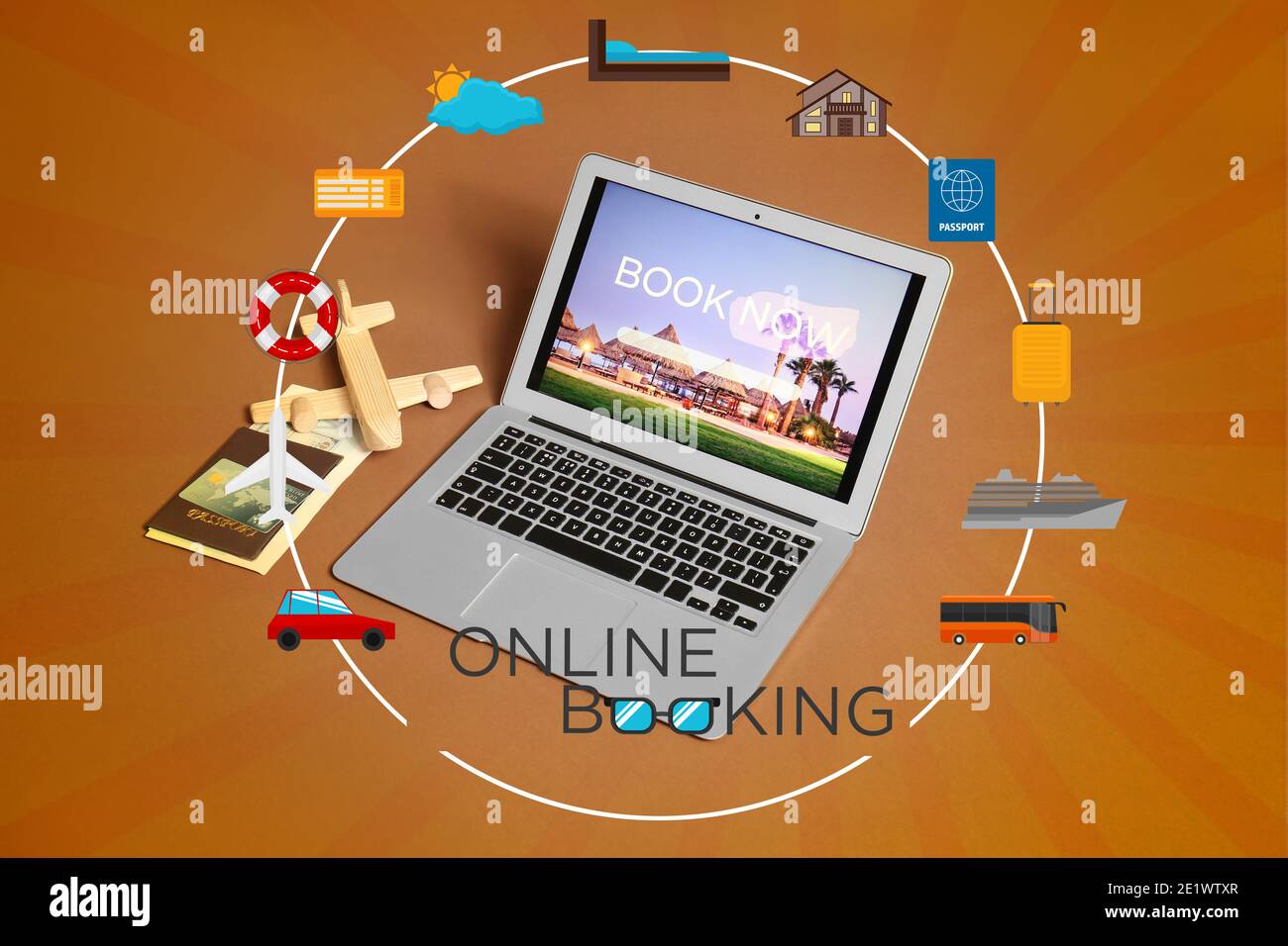 Open page of online booking service on screen of laptop on color ...