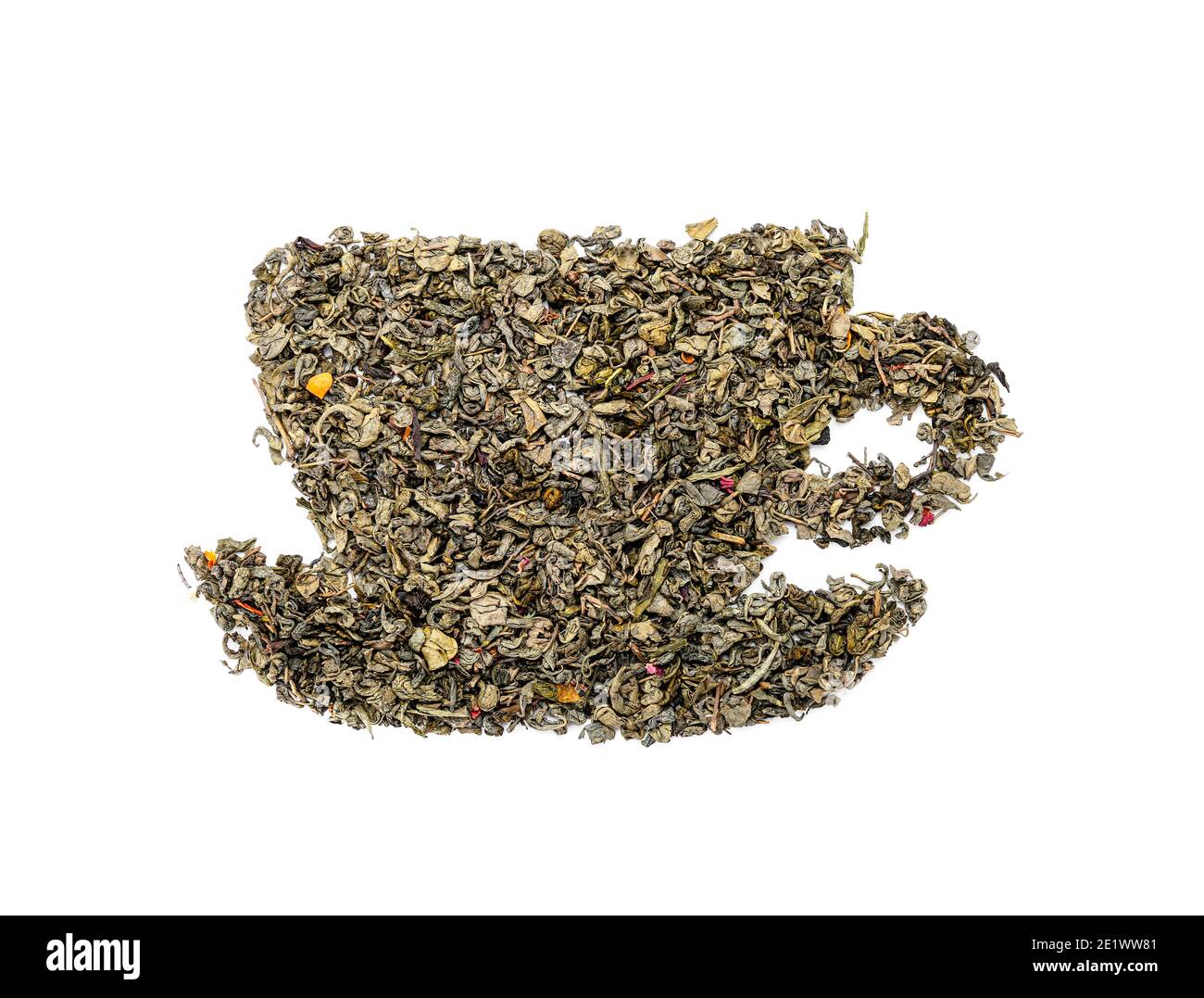 Cup shape made of dry green tea leaves on white background Stock Photo ...
