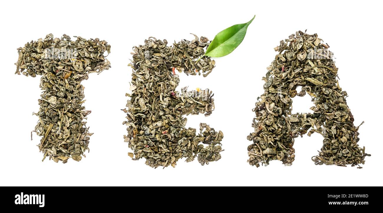 Word TEA made of dry tea leaves on white background Stock Photo - Alamy