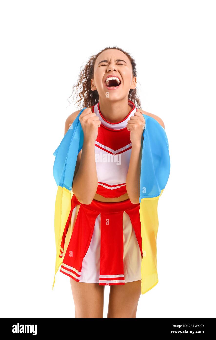 Emotional cheerleader with the flag of Ukraine on white background ...