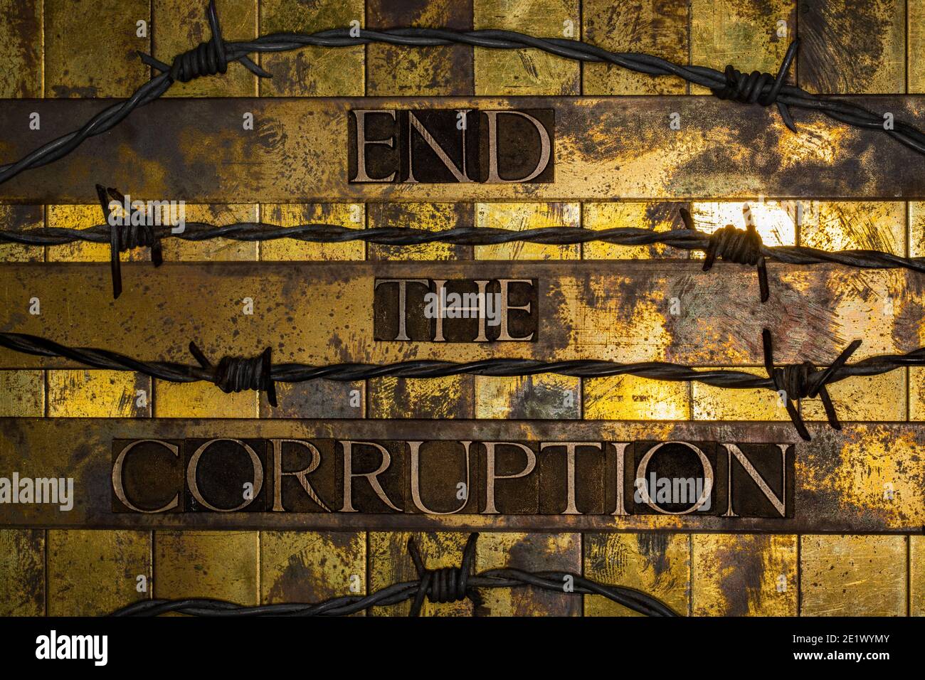End The Corruption text on grunge textured copper and gold background ...
