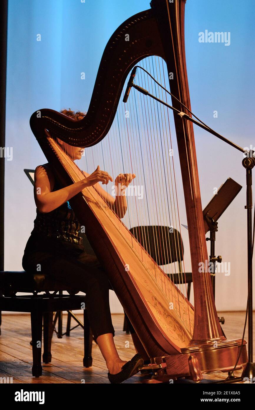 The musician tweaks the harp. Harp player. Classical musician harpist ...