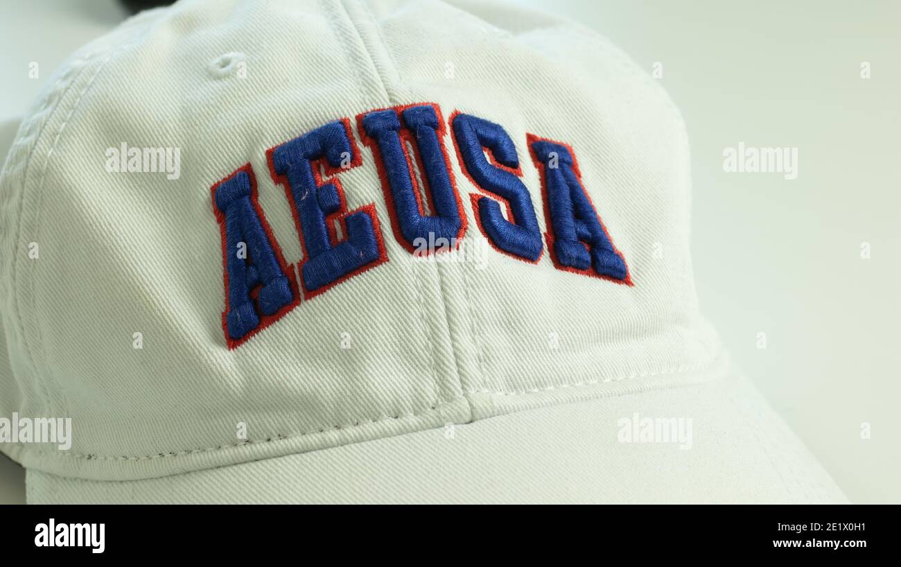 Moscow, Russia - 5 December 2020: AEUSA logo close-up, American Eagle ...