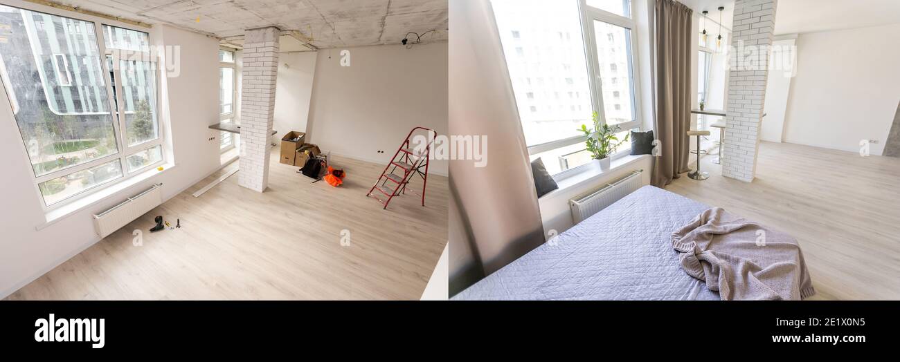Empty rooms with large window, heating radiators before and after ...