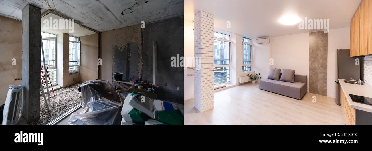 Empty rooms with large window, heating radiators before and after ...