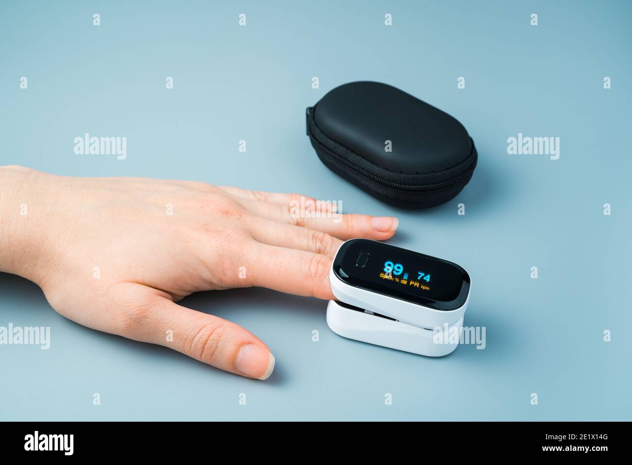 Measurement of the pulse of the oxygen level by an oximeter on a person ...