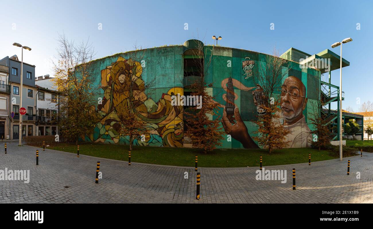 A panorama picture of the "Nobre e Leal" street art made by MrDheo, in Porto Stock Photo - Alamy