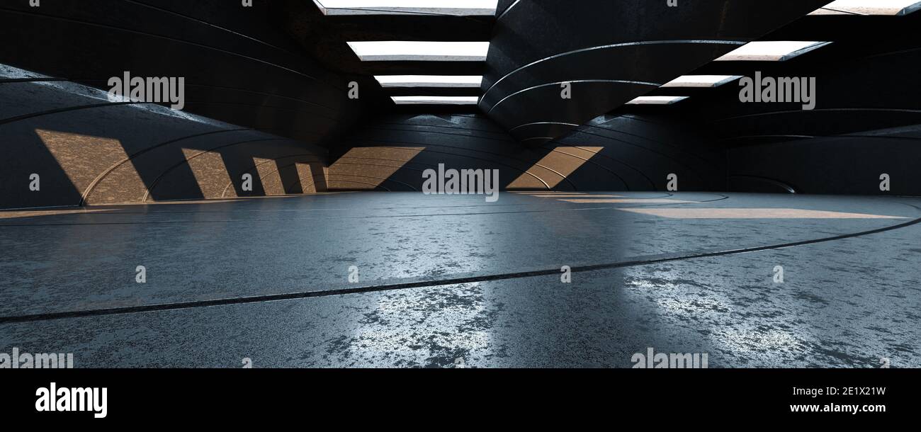 abstract futuristic dark industrial hall with concrete surface 3d ...