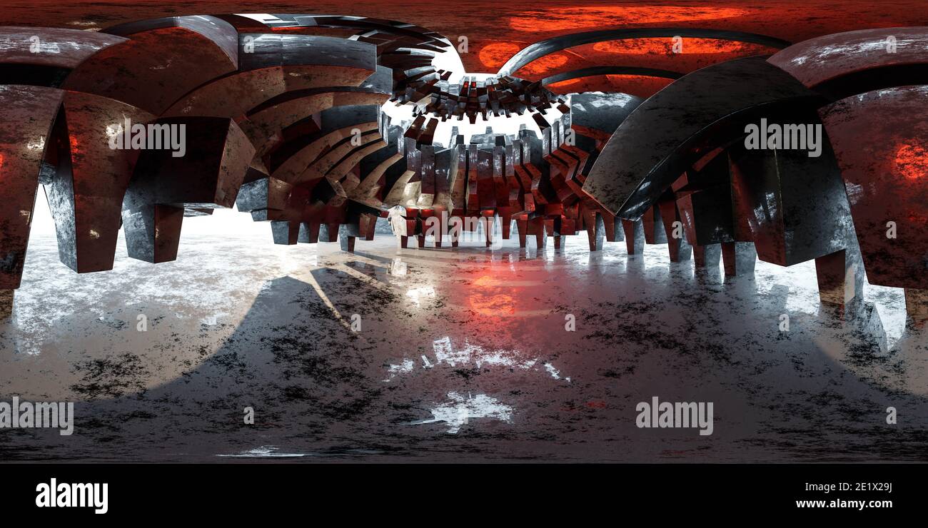 360 degree equi rectangular panorama futuristic building industrial ...