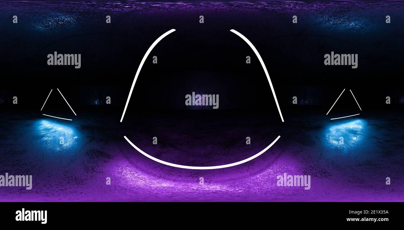 360 equi rectangular panorama with dark neon industrial grunge concrete ...