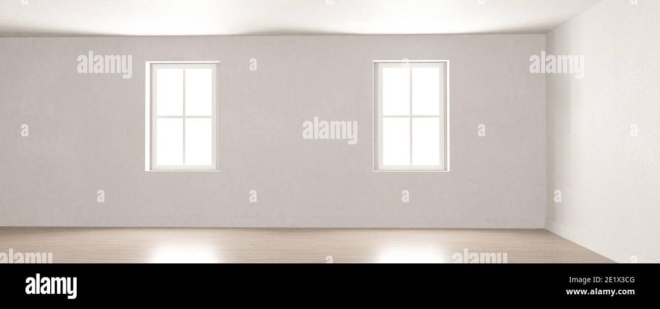 white abstract room with windows, sun light and shadows and wooden ...