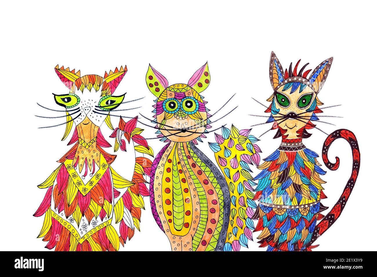 Three painted cats, naive painting, white background Stock Photo - Alamy