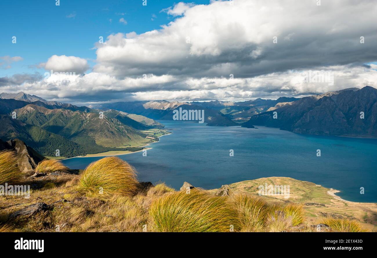 View of Lake Hawea, lake and mountain landscape, view from Isthmus Peak ...
