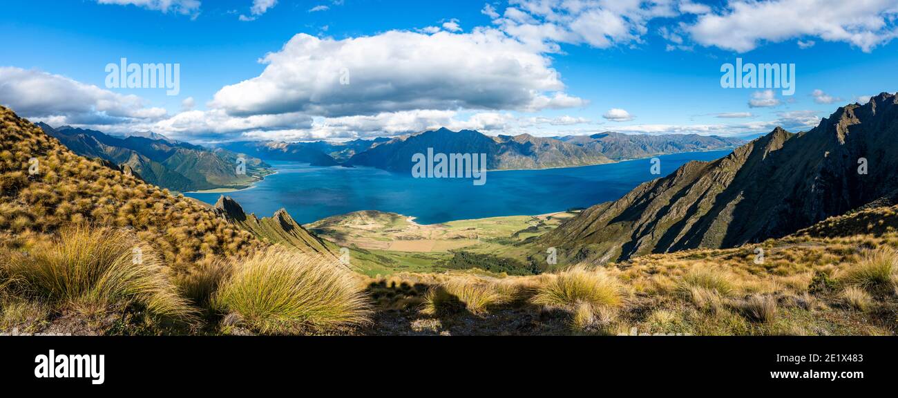 View of Lake Hawea, lake and mountain landscape, view from Isthmus Peak ...
