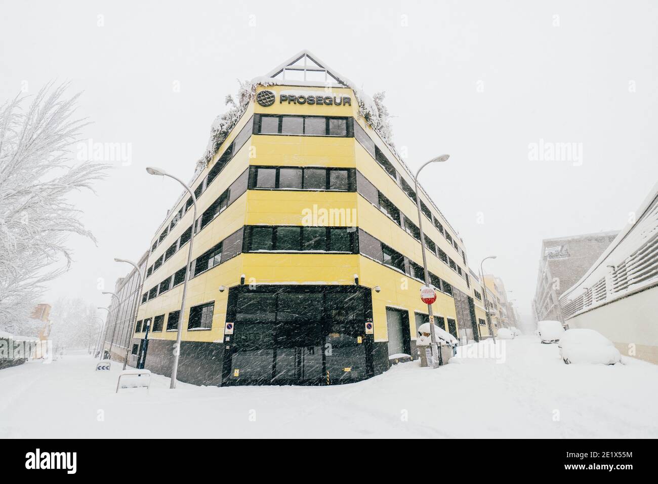 Madrid, Spain - January 2021: Prosegur Headquarters covered in snow due ...