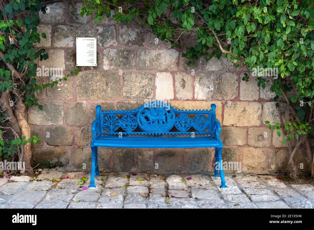 TEL AVIV, ISRAEL - December 2, 2019: Beautiful blue carved bench near ...