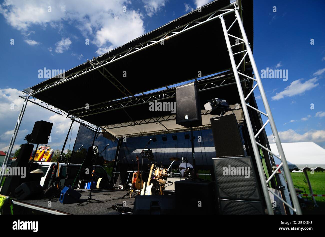 big beautiful stage of music event with instruments Stock Photo - Alamy