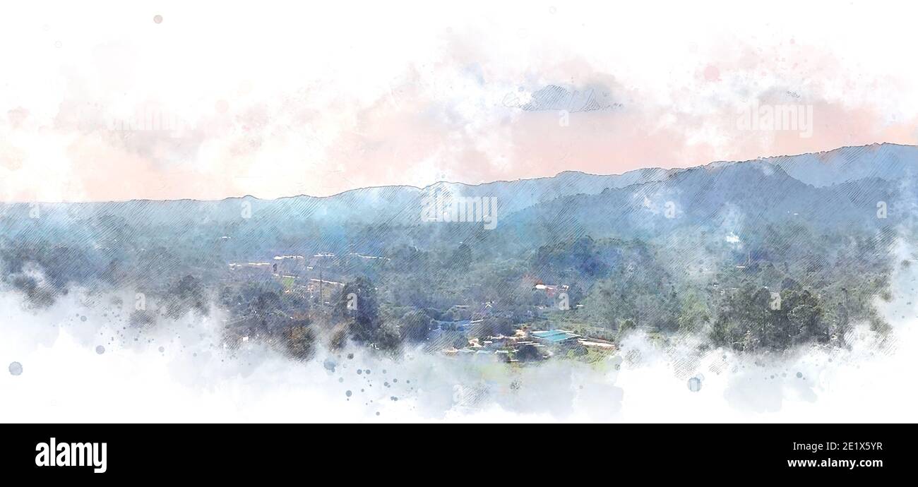 Abstract colorful shape on mountain peak and tree landscape on ...