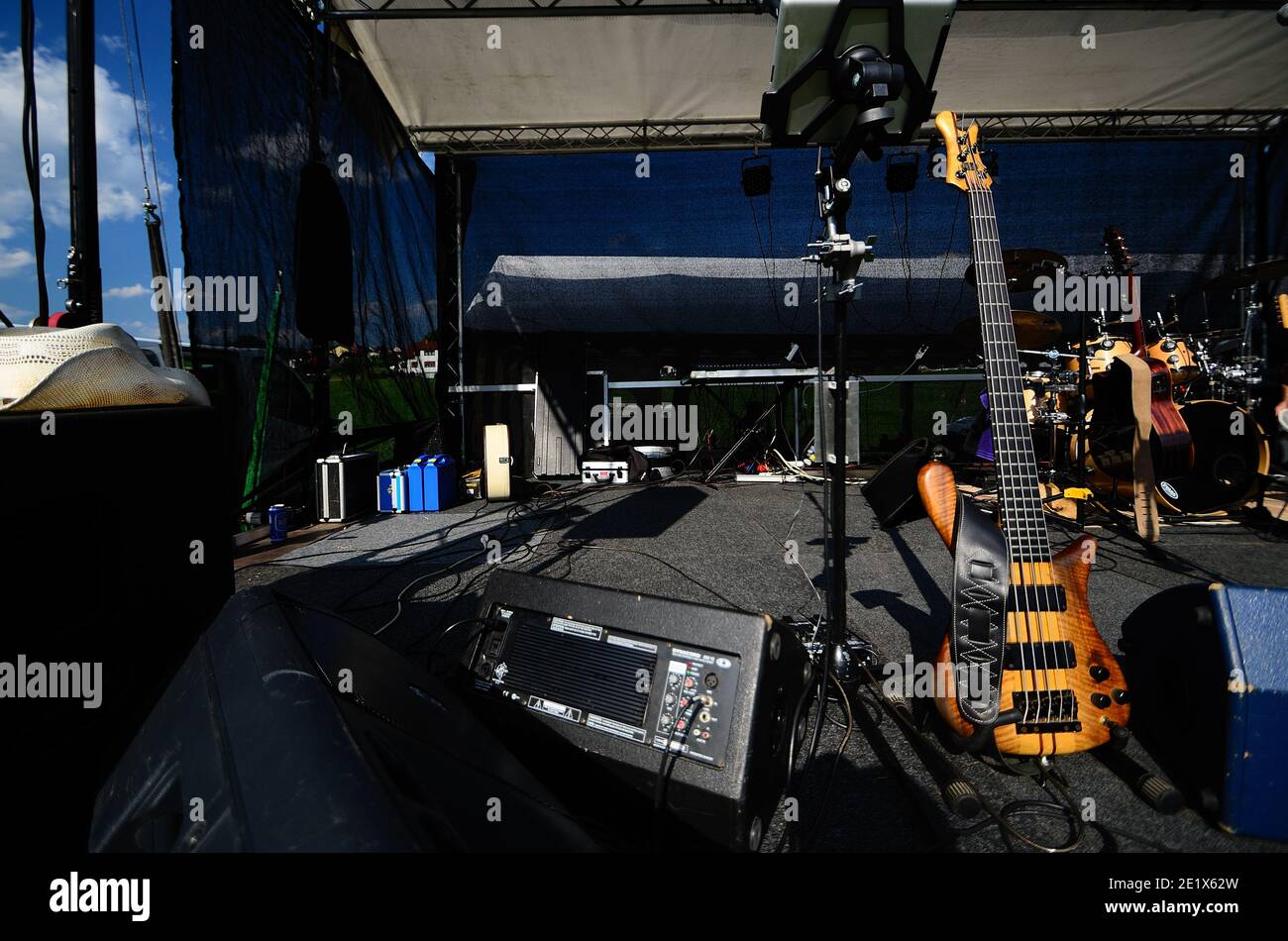 big stage with many instruments of a band Stock Photo - Alamy