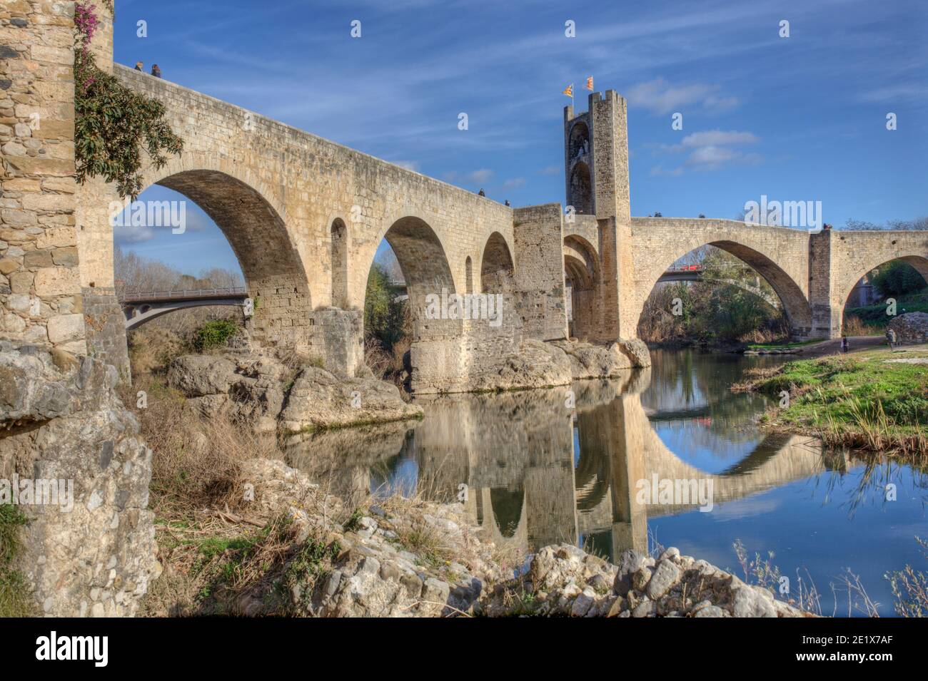 Fluvia riverside with medieval bridge at bottom, Besalu. Garrotxa ...