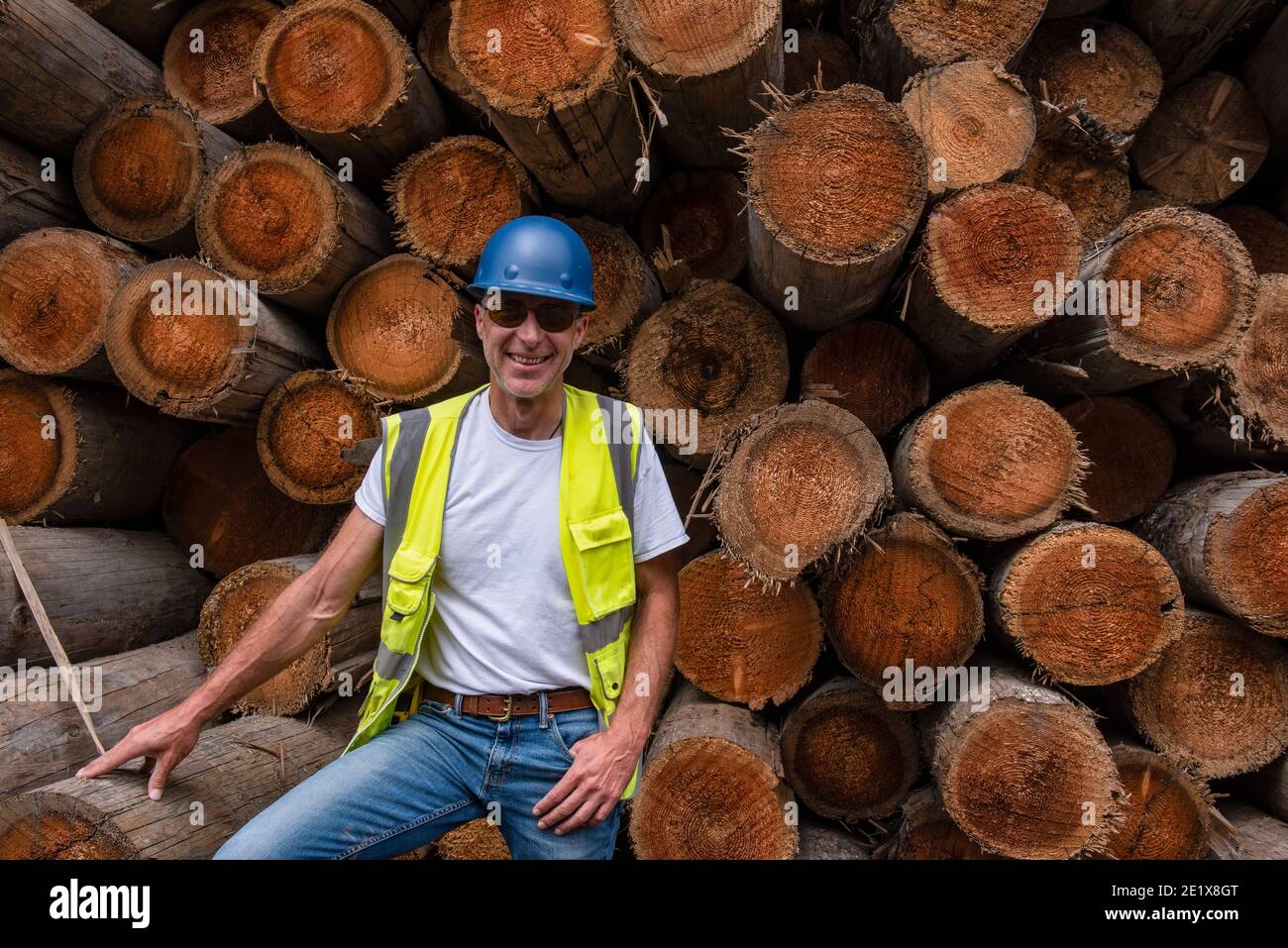 A man smiles in front of logs of larch, hemlock, and spruce that until ...