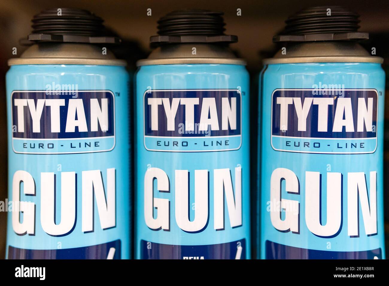 Tyumen, Russia-December 09, 2020: mounting foam titanium logo. TYTAN ...