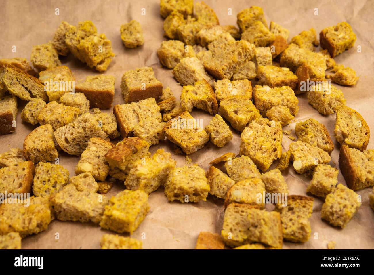 homemade crusty bread with croutons. Fast food bread background, top ...